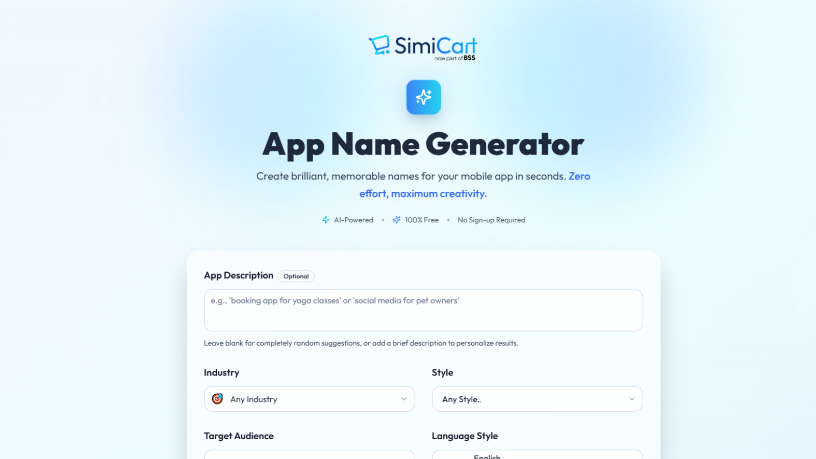 Simicart Free AI App Name Generator (Just 5 Clicks!)